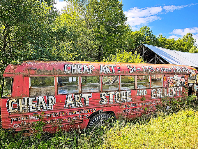 The legendary "Cheap Art Bus" stands as a rusted monument to accessibility, declaring that imagination shouldn't require a platinum credit card.