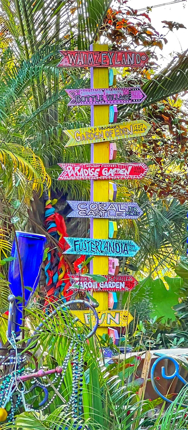 A whimsical signpost points to imaginary destinations, each hand-painted arrow promising adventures in places that exist only in dreams.