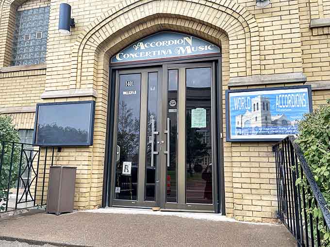 The museum's entrance welcomes visitors with elegant signage, the first hint of the accordion wonderland waiting just beyond those doors.