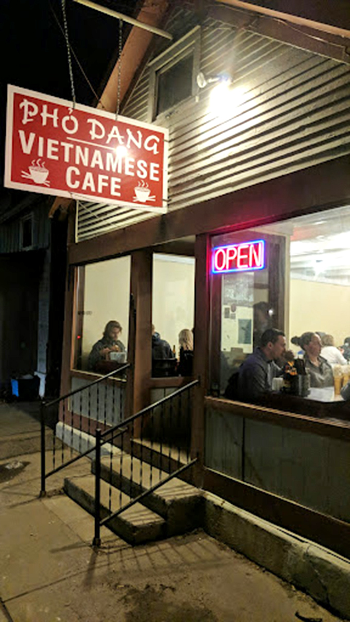 Even at night, Pho Dang's glowing sign beckons food lovers inside, promising authentic Vietnamese flavors in the heart of Vermont.