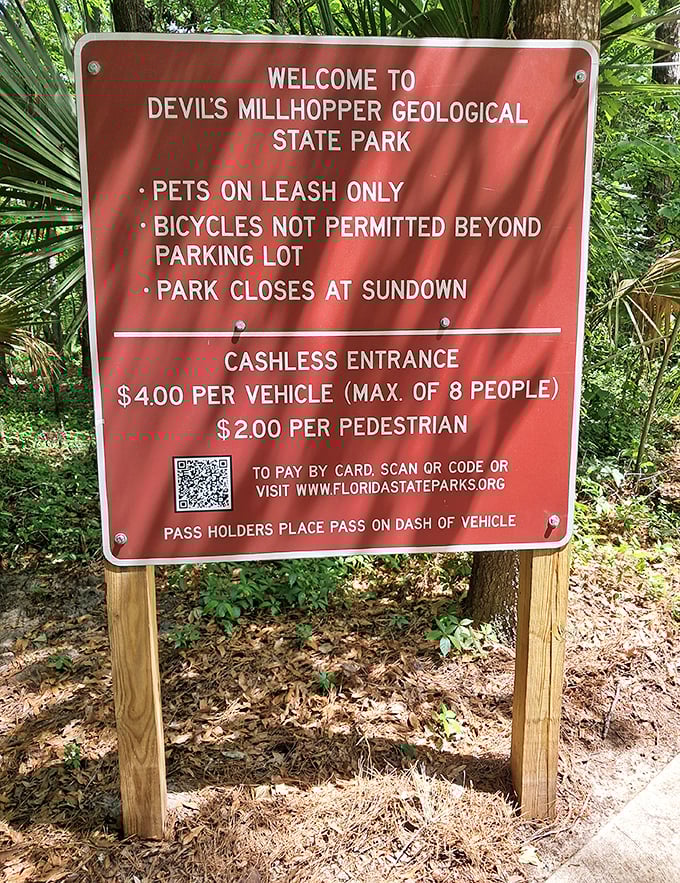 Clear signage outlines the modest entrance fees and park rules, a small price to pay for access to one of Florida's most unique natural wonders.
