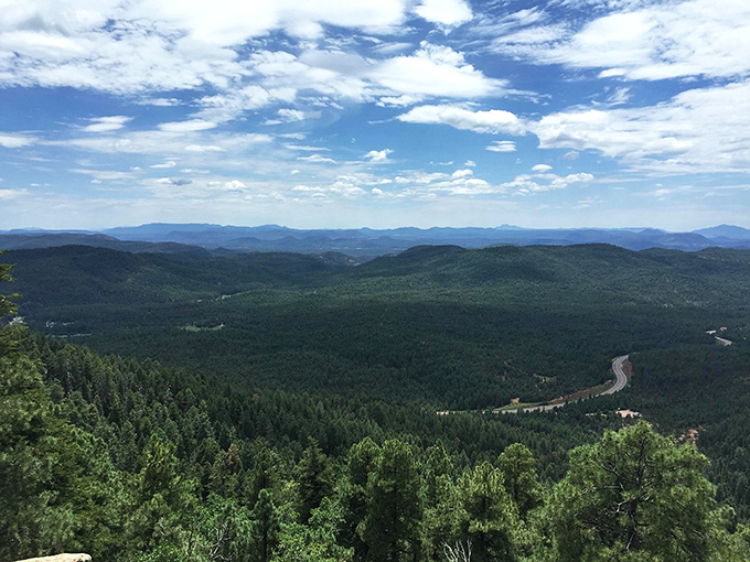 Endless waves of forest stretch to distant mountain ranges, showcasing Arizona's surprising diversity beyond its famous desert landscapes.