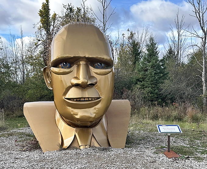 Gerald Ford's golden visage gleams in the sunlight, giving visitors the perfect opportunity for presidential photo ops.