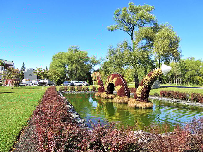 This playful topiary creature celebrates the legend of Memphre, adding whimsy to the lakeside park in Newport.
