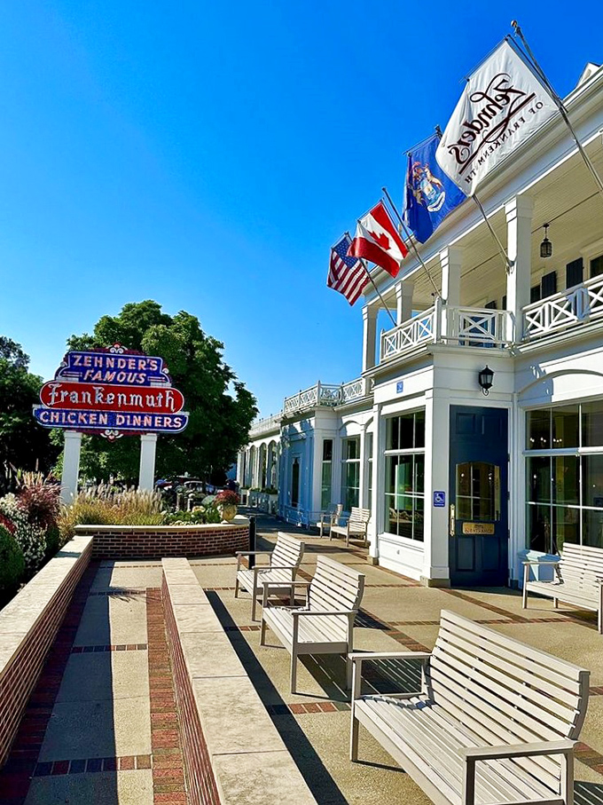 The pristine exterior offers a moment of respite after your feast &ndash; white benches perfectly positioned for people-watching or contemplating a second helping.
