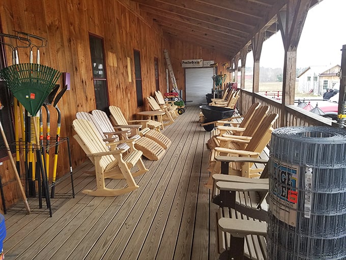 The market's covered porch lined with handcrafted wooden chairs &ndash; not just seating, but an invitation to slow down and savor the moment.