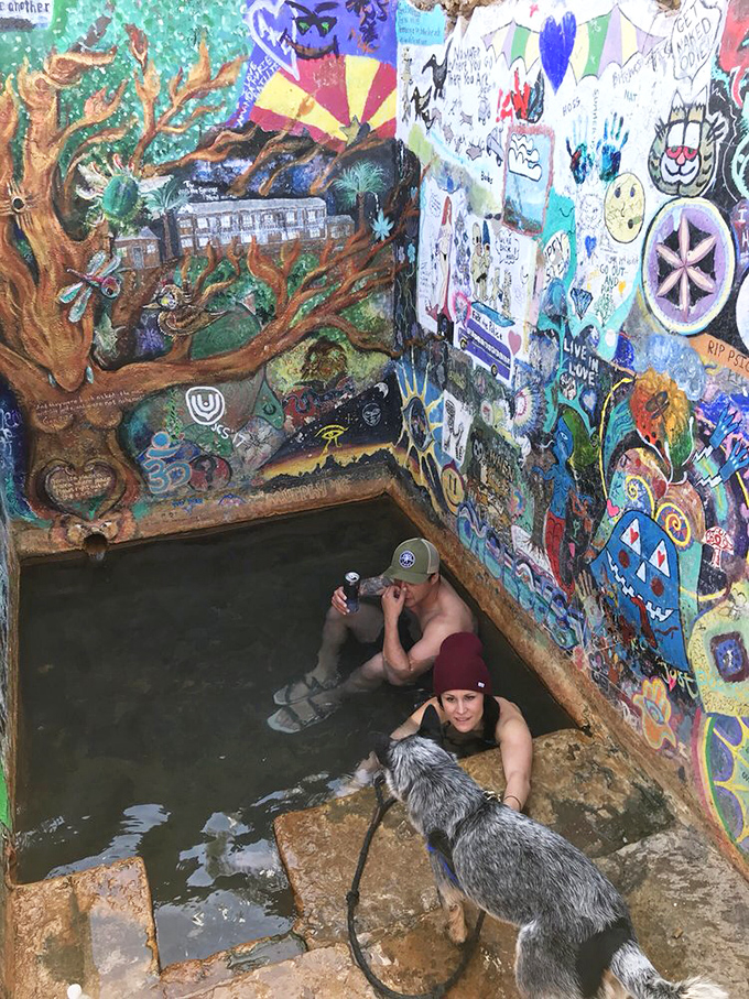 Vibrant murals transform this thermal pool into an immersive art experience – a feast for eyes and tired muscles alike.