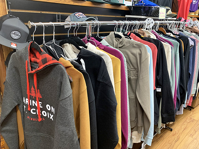 Even the clothing rack gets in on the action, offering Marine on St. Croix swag for those spontaneous moments when you absolutely need to commemorate your donut pilgrimage.