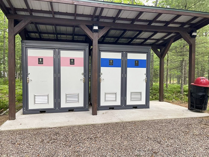 Even the restrooms receive the resort treatment, because wilderness adventures are more appealing when proper facilities are involved.