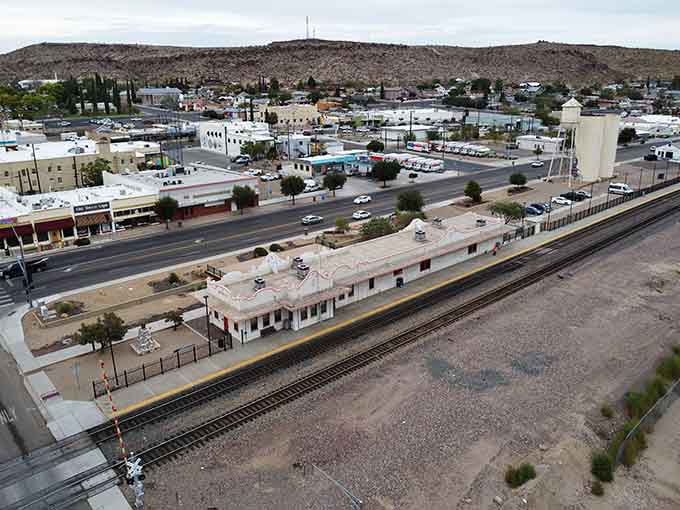 From above, the depot's relationship to the surrounding town becomes clear, showing how railroads shaped community development.