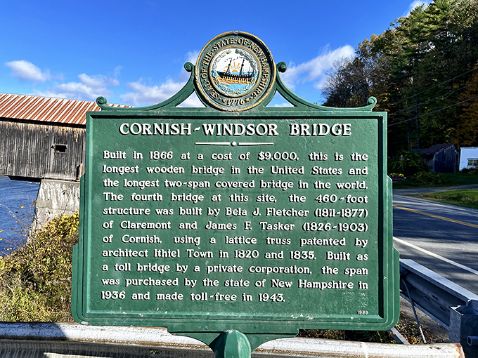 The historical marker tells the bridge's remarkable story – built in 1866 for $9,000 and still serving its purpose over 150 years later.