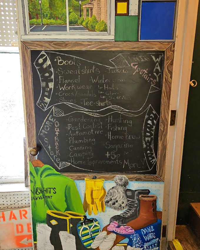 A hand-drawn chalkboard sign details the store's diverse departments, from gardening supplies to home brewing equipment.
