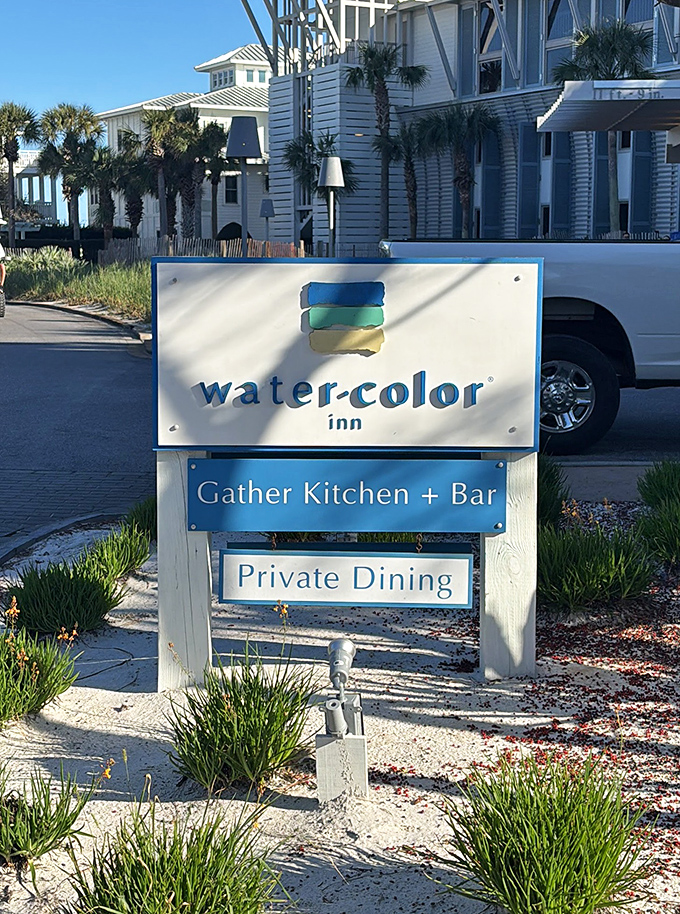 The WaterColor Inn sign: Your official notification that stress is prohibited beyond this point by strict coastal ordinance.