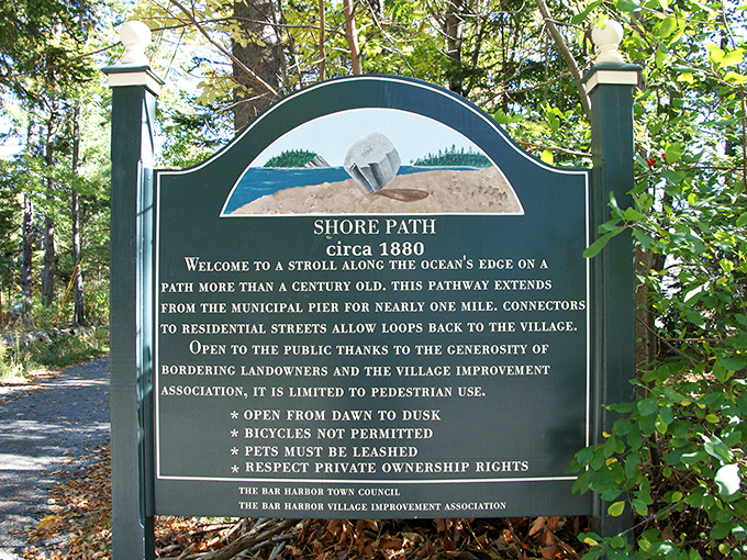 This historical marker tells the Shore Path's story, dating back to 1880 when local landowners first allowed public access along the coast.