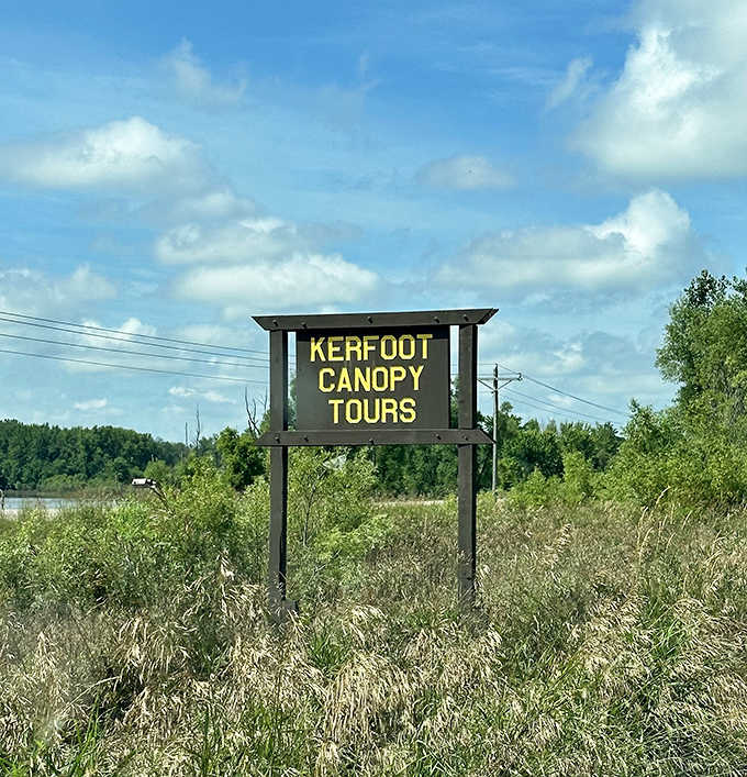The roadside sign promises adventure, standing sentinel at the entrance to Minnesota's premier treetop playground.