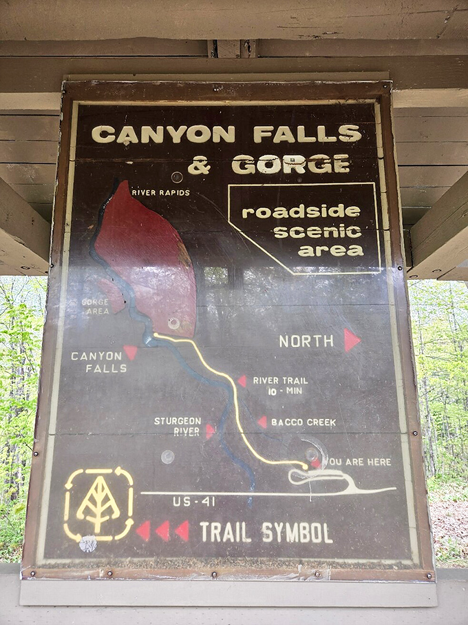 The Canyon Falls trail map reveals its secrets, a treasure map where X marks multiple spectacular spots.