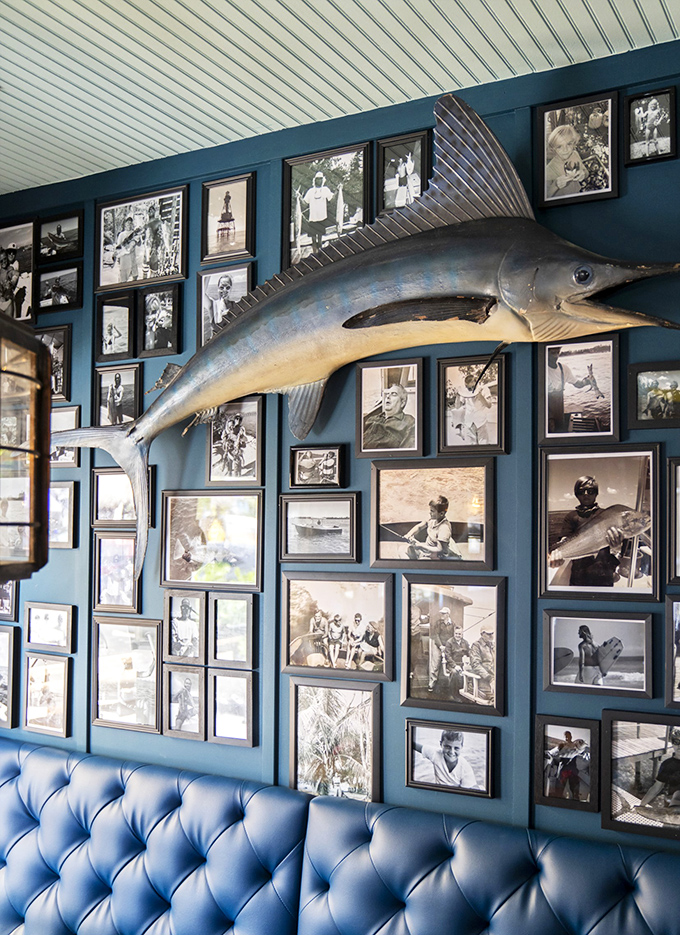A magnificent marlin presides over a gallery of fishing photographs, creating a museum-worthy wall that celebrates the Gulf's maritime heritage.