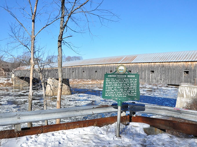 Winter's quiet beauty transforms the Cornish-Windsor Bridge into a snow-covered passage between states, peaceful and pristine.