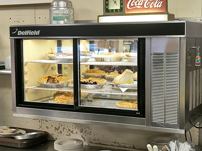 A display case of temptation &ndash; homemade pies waiting patiently for their moment in the spotlight.