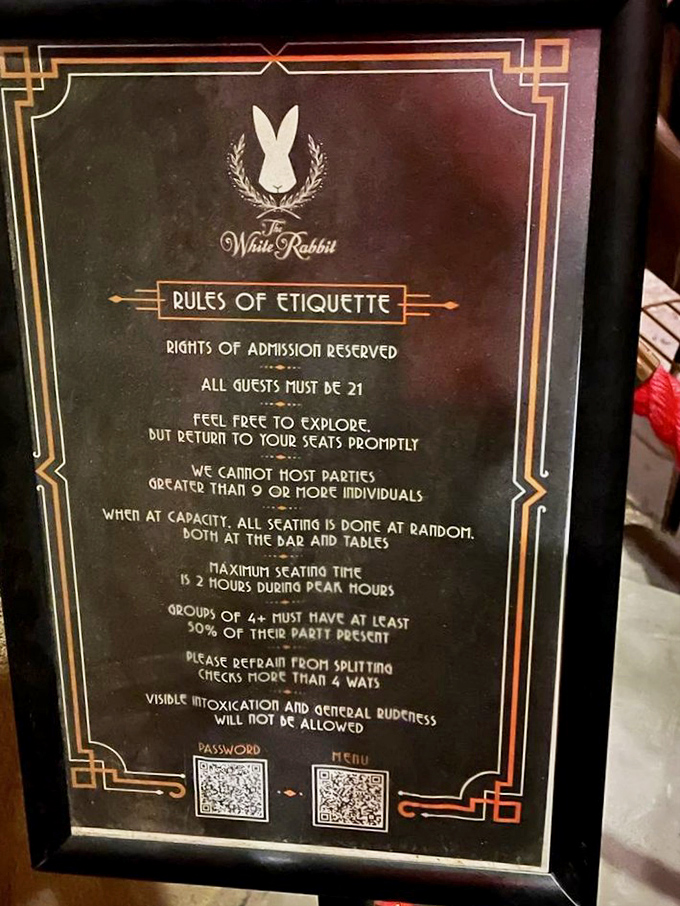 House rules that enhance rather than restrict: The White Rabbit's etiquette guidelines ensure everyone enjoys the speakeasy experience properly.