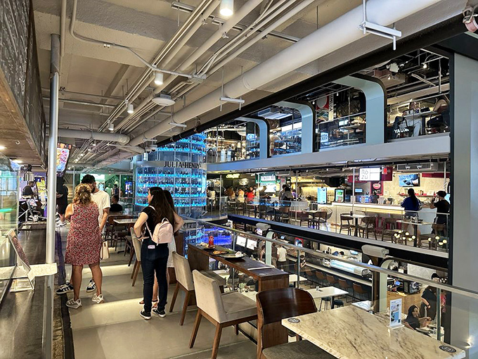 The multi-level design creates a sense of culinary adventure as you explore each floor, with new gastronomic treasures waiting around every corner.
