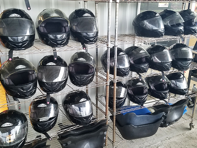Safety first: These helmets have seen things &ndash; mostly the backs of faster karts and the occasional panicked expression before a spin-out.
