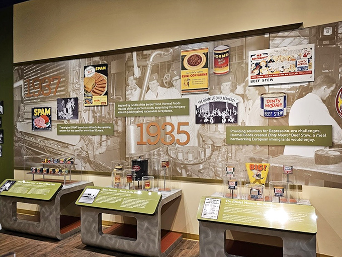 The 1935 historical display chronicles how Hormel created SPAM during the Great Depression, offering affordable protein when America needed it most.