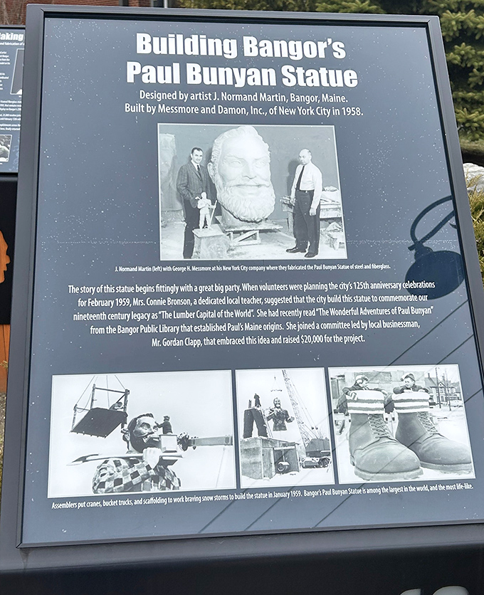 Explore the fascinating history of Bangor's massive Paul Bunyan statue through this informative plaque detailing its 1958 construction and origins.