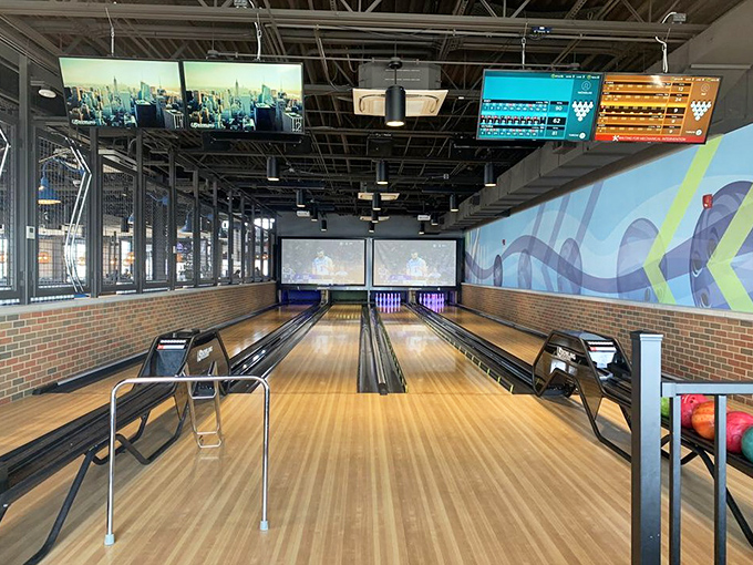 Multi-lane bowling view: These gleaming lanes invite friendly competition and provide the perfect excuse to extend your "quick stop for gas" into hours of fun.