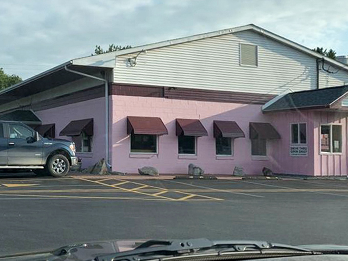 Another angle of the pink paradise &ndash; a building that refuses to blend in, much like its memorable menu offerings.