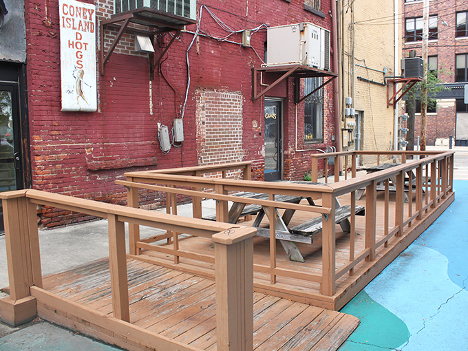 Outdoor seating lets you enjoy your Coney while soaking up some sunshine and watching downtown Kalamazoo go by.