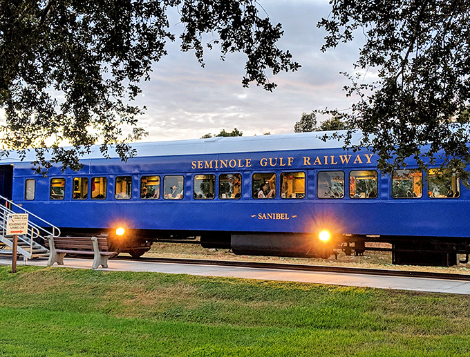 The Seminole Gulf Railway's blue coaches glow in the evening light, promising mystery and memories for those about to board.