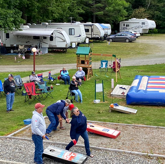The playground area buzzes with activity as families enjoy classic outdoor games &ndash; no batteries or Wi-Fi required.
