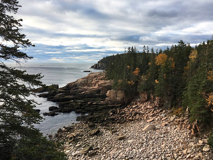 Autumn brings a special magic to Little Hunters Beach, where fall foliage creates a fiery contrast against the cool Atlantic blue.