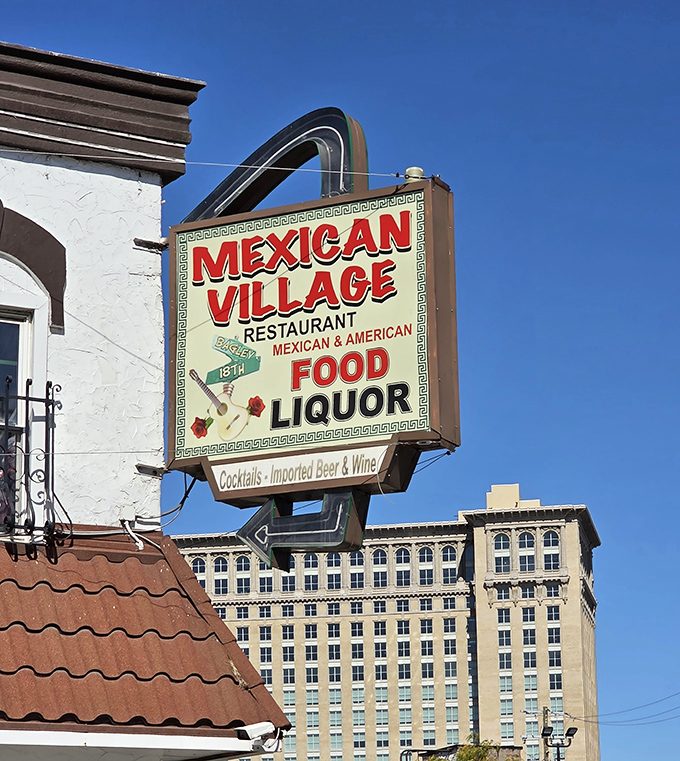 The iconic sign beckons hungry visitors to Detroit's Mexicantown, promising authentic flavors that have stood the test of time.