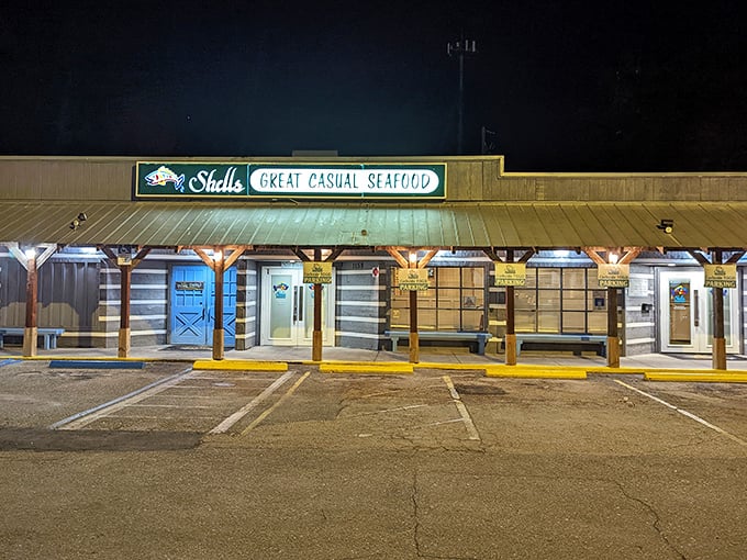 As night falls, the illuminated Shells sign becomes a beacon for seafood lovers &ndash; a lighthouse guiding hungry sailors to safe, delicious harbor.