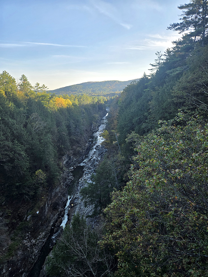Looking down from the bridge's highest point offers a vertigo-inducing perspective that makes even the rushing river seem peaceful and small.