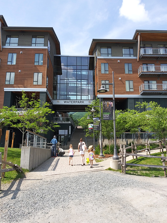 The entrance beckons with promises of warmth beyond &ndash; that "WATERPARK" sign might as well read "ESCAPE FROM WINTER HERE."