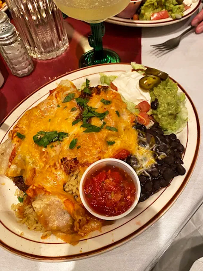 This enchilada plate isn't just dinner &ndash; it's a commitment, with melted cheese cascading over rolled tortillas alongside beans that weren't an afterthought.