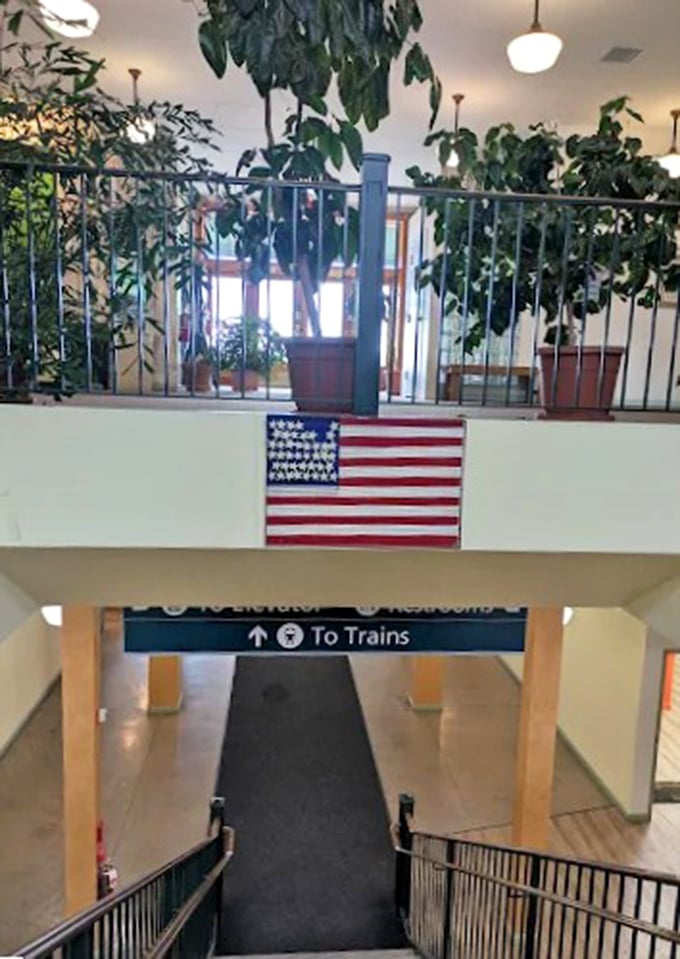 An American flag hangs proudly above the stairway to the platforms, with lush indoor plants creating a wel passengers.