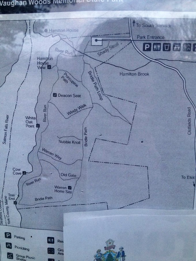A detailed trail map reveals the figure-eight pattern of paths – your blueprint to discovering all of Vaughan Woods' treasures.