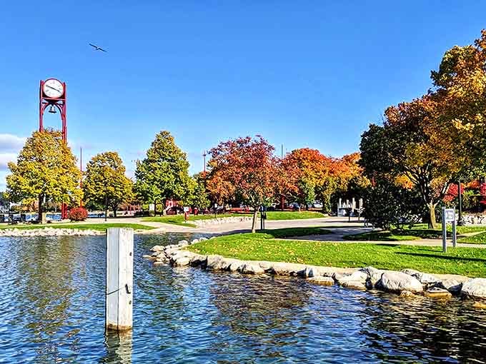 Petoskey's charming downtown features historic buildings with distinctive architecture, inviting visitors to explore shops and restaurants.