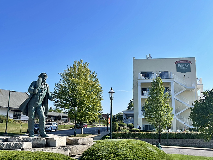 The distinctive turret of Stafford's Perry Hotel stands as a Petoskey landmark, welcoming visitors since 1899.