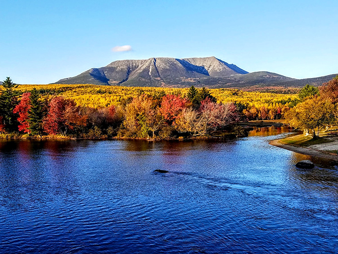 The surrounding countryside of Sebec offers spectacular mountain views, with Mount Katahdin rising majestically in the distance.