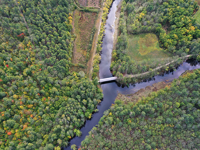 From above, the bridge appears as a thin line connecting verdant shores &ndash; a human brushstroke across nature's canvas.