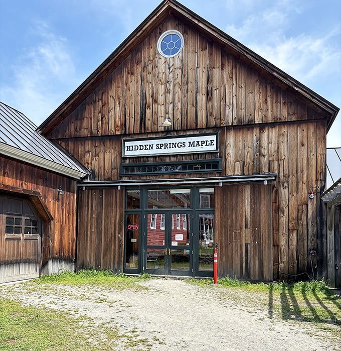 Hidden Springs Maple's rustic barn exterior belies the liquid gold crafted within from Putney's sugar maple forests.
