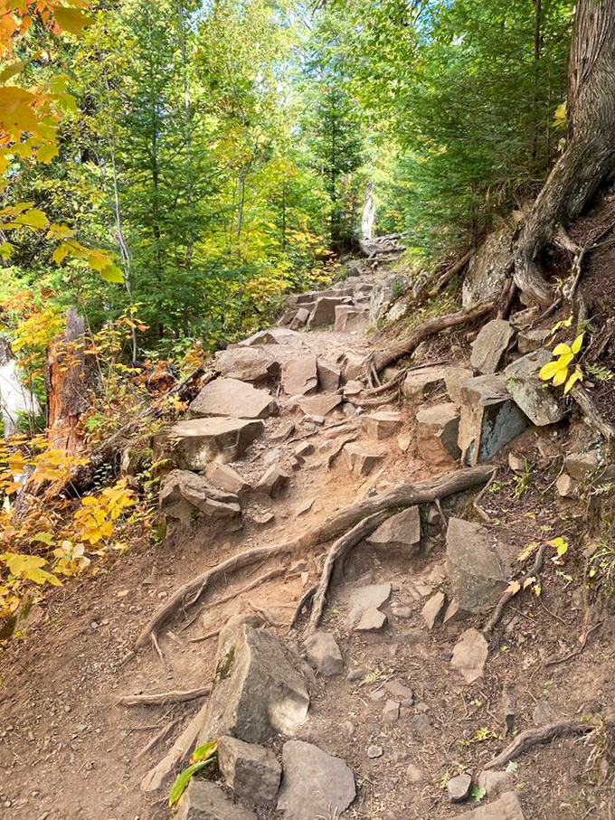 Nature's stairmaster: The rocky trail challenges hikers while rewarding them with increasingly spectacular glimpses of wilderness below.