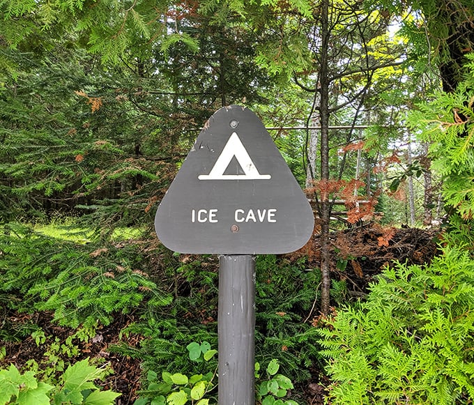 "Ice Cave" trail marker points to yet another natural wonder hiding in Maine's northern forest playground.