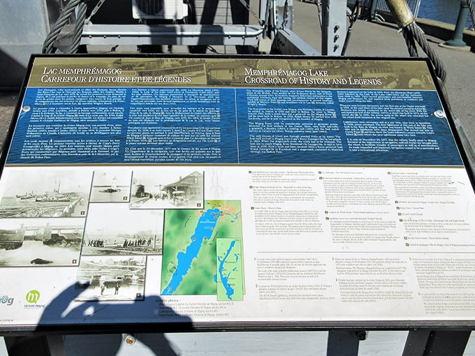 Interpretive panels share Lake Memphremagog&rsquo;s rich history and legends, guiding visitors through its storied past.