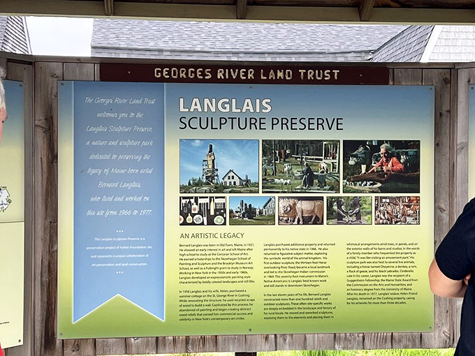 The information board welcomes visitors to the Langlais Sculpture Preserve, offering context and history for this remarkable artistic legacy.